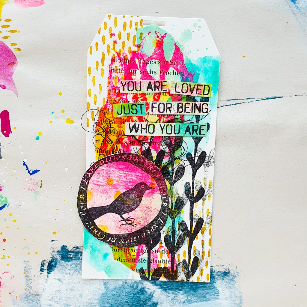 Mixed Media Tag with handmade Collage Paper and Stamps – Susanne Rose Art