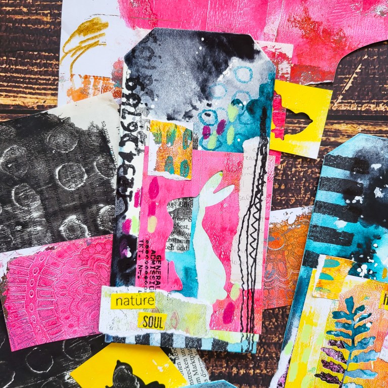 Mixed Media Tags with Acrylic Background and Collage Fodder – Susanne ...
